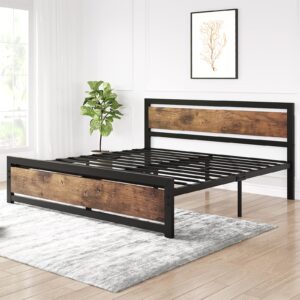 IDEALHOUSE King Size Bed Frame with Wooden Headboard and Footboard, Industrial King Bed Platform No Box Spring Needed, 14 Inch Easy Assemble Mattress Bedframe, King