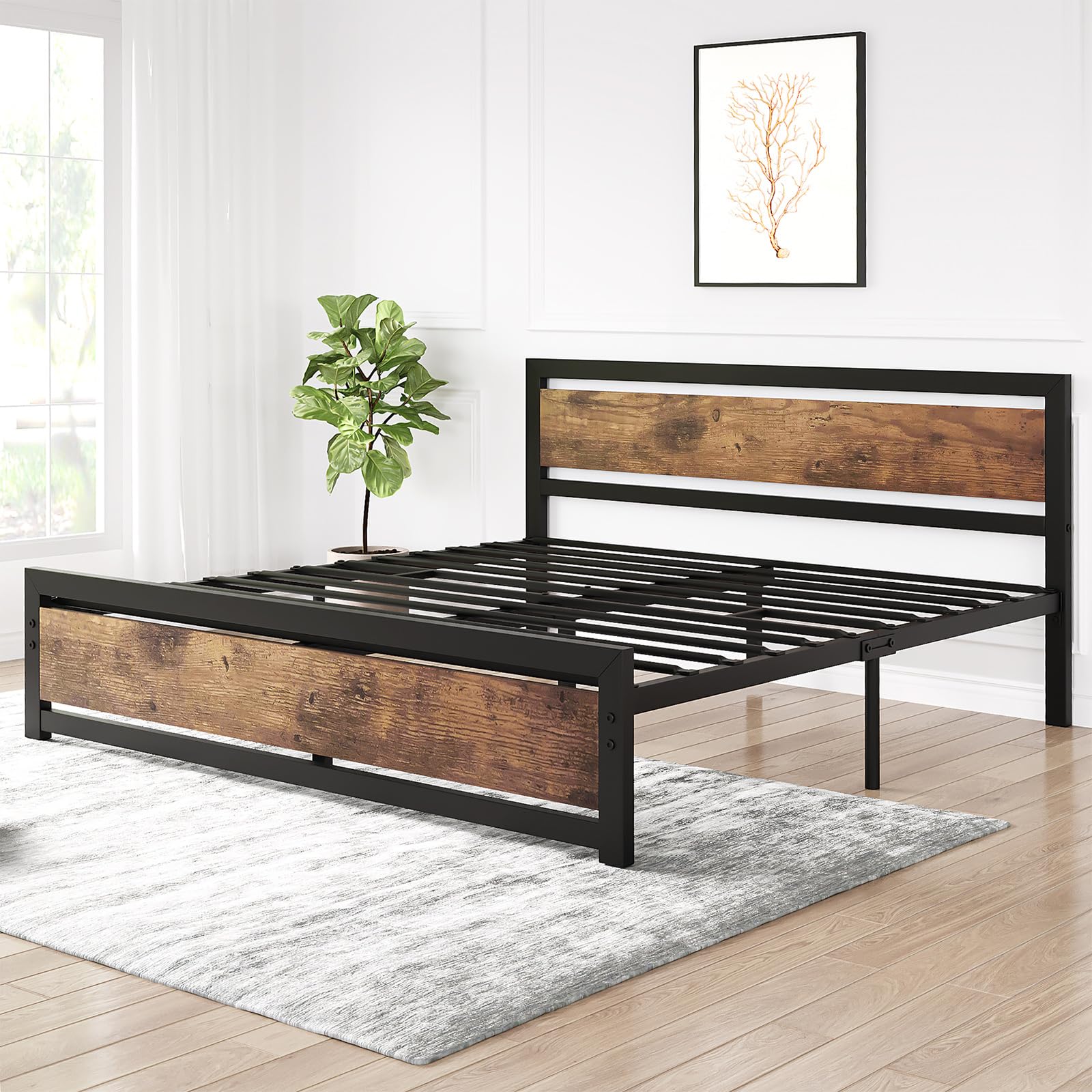 IDEALHOUSE King Size Bed Frame with Wooden Headboard and Footboard, Industrial King Bed Platform No Box Spring Needed, 14 Inch Easy Assemble Mattress Bedframe, King