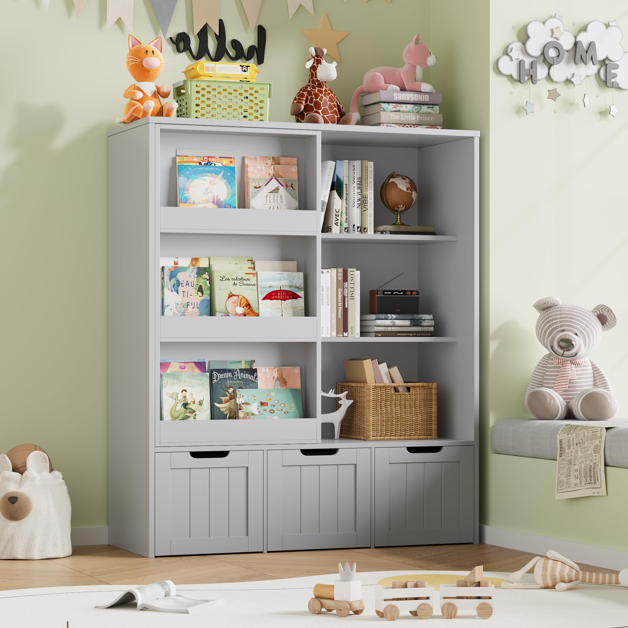 FOTOSOK Toy Storage Organizer with Sliding Book Shelf, Toy Organizers and Storage with 3 Movable Drawers and 6 Storage Cubbies, Playroom Organization and Storage Kids Bookshelf for Playroom, Bedroom