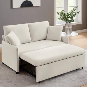 zelimon sleeper sofa bed, 3 in 1 pull-out convertible sofa bed, 55'' lounge soft futon sofa with adjustable backrest, chenille couches for living room/office/apartment, beige