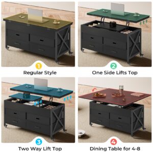 UPOSOJA Lift Top Coffee Table with Storage, 4 in 1 Square Center Table with 4 Casters, Lift Tabletop Dining Table for Living Room with Built-in Power Outlet 4 Drawers Hidden Compartment (Black)