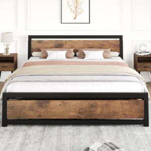 idealhouse king size bed frame with wooden headboard and footboard, industrial king bed platform no box spring needed, 14 inch easy assemble mattress bedframe, king