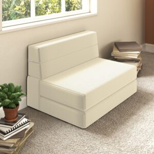 CATMIX Folding Sofa Bed, Foldable Memory Foam Couch Floor Mattress Futon, Convertible Floor Sleeper Chair with Back Support for Living Room, Bedroom, Guest Room, Corduroy (White, Twin)