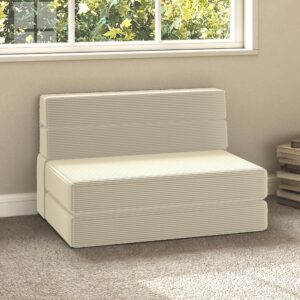 catmix folding sofa bed, foldable memory foam couch floor mattress futon, convertible floor sleeper chair with back support for living room, bedroom, guest room, corduroy (white, twin)