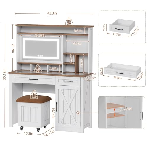 Farmhouse Makeup Vanity Desk with Mirror and Lights, 43" Glass Tabletop Vanity Table with 360° Rolling Stool with Storage, Big Vanity Set for Bedroom, 3 Lighting Modes, 2 Drawers, 1 Cabinet, White