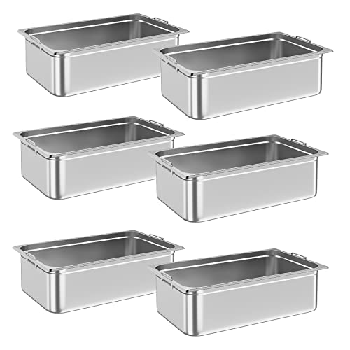 GoyRrbay Set of 6 Hotel Pan, 6 Inch Deep Hotel Pan Steam Table Pan, Stainless Steel Commercial Food Pan With Retractable Handle for Hotels Restaurant(20''x13''x6'')