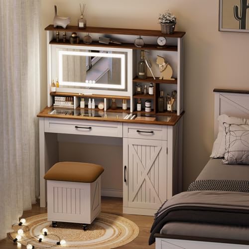 Farmhouse Makeup Vanity Desk with Mirror and Lights, 43" Glass Tabletop Vanity Table with 360° Rolling Stool with Storage, Big Vanity Set for Bedroom, 3 Lighting Modes, 2 Drawers, 1 Cabinet, White