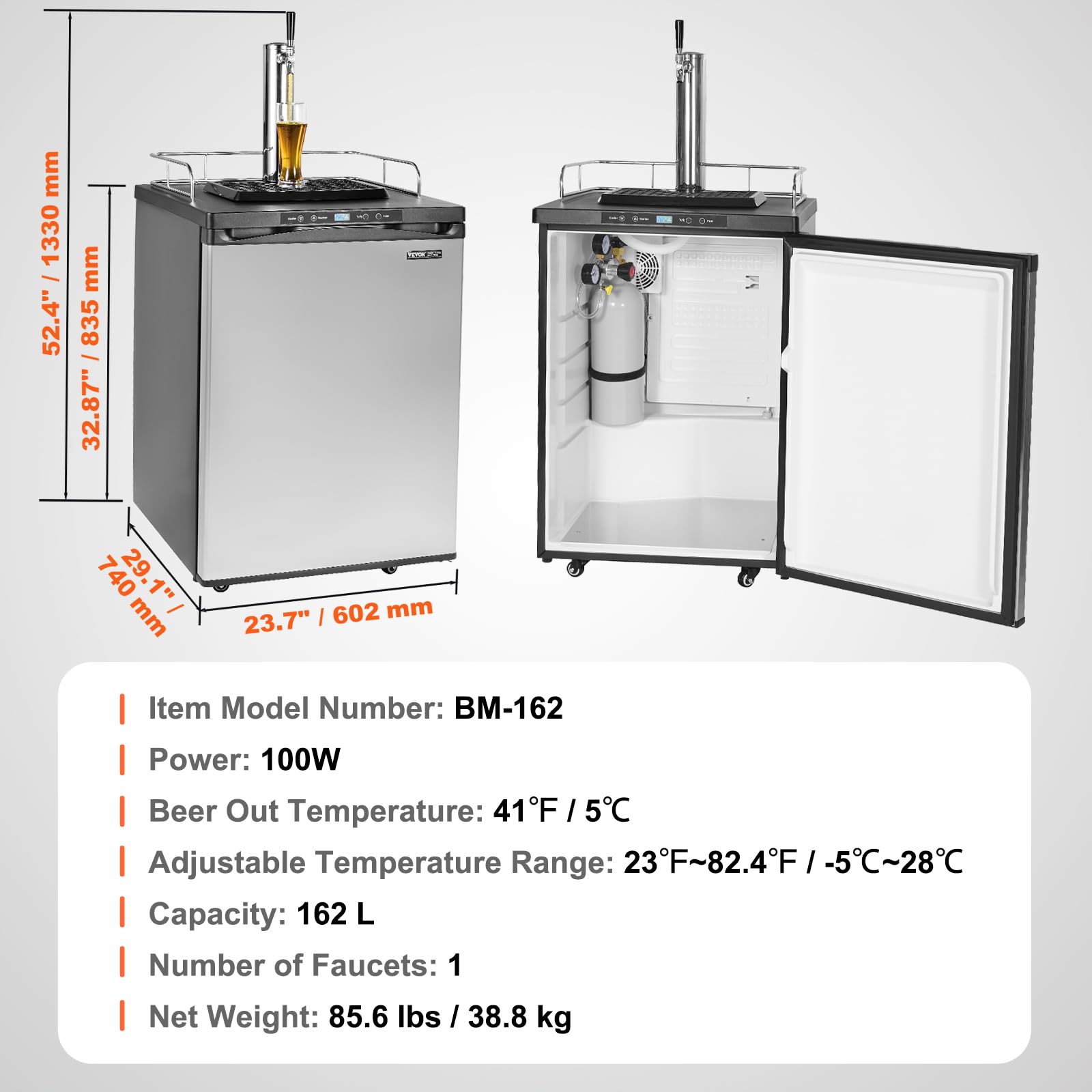 VEVOR Beer Kegerator, Single Tap Draft Beer Dispenser, Full Size Keg Refrigerator With Shelf, CO2 Tank(No Gas), Drip Tray & Rail, 23°F- 82.4°F Temperature Control, 162L, Silver