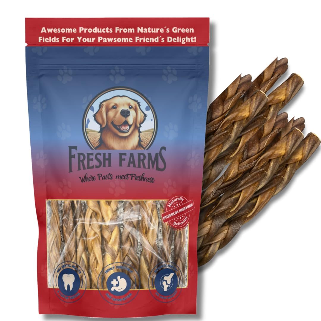 Fresh Farms Braided Collagen Sticks for Dogs 10 Pack - 6 Inches - Long-Lasting Alternative to Bully Sticks, Rawhide-Free Collagen Chews w/Chondroitin & Glucosamine for Joint Support & Dental Health