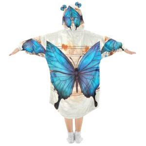 Jihqo Blue Butterfly Wings Wearable Blankets for Kids Sherpa Hoodie Blanket for Boys Girls Oversized Hooded Sweatshirt, M