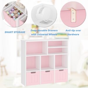 GarveeHome Toy Storage Organizer Kids Bookcase with 3 Movable Drawers Toy Storage Cabinet with Hidden Wheels Multifunctional Storage Chest for Playroom,Nursery and Bedroom, Pink