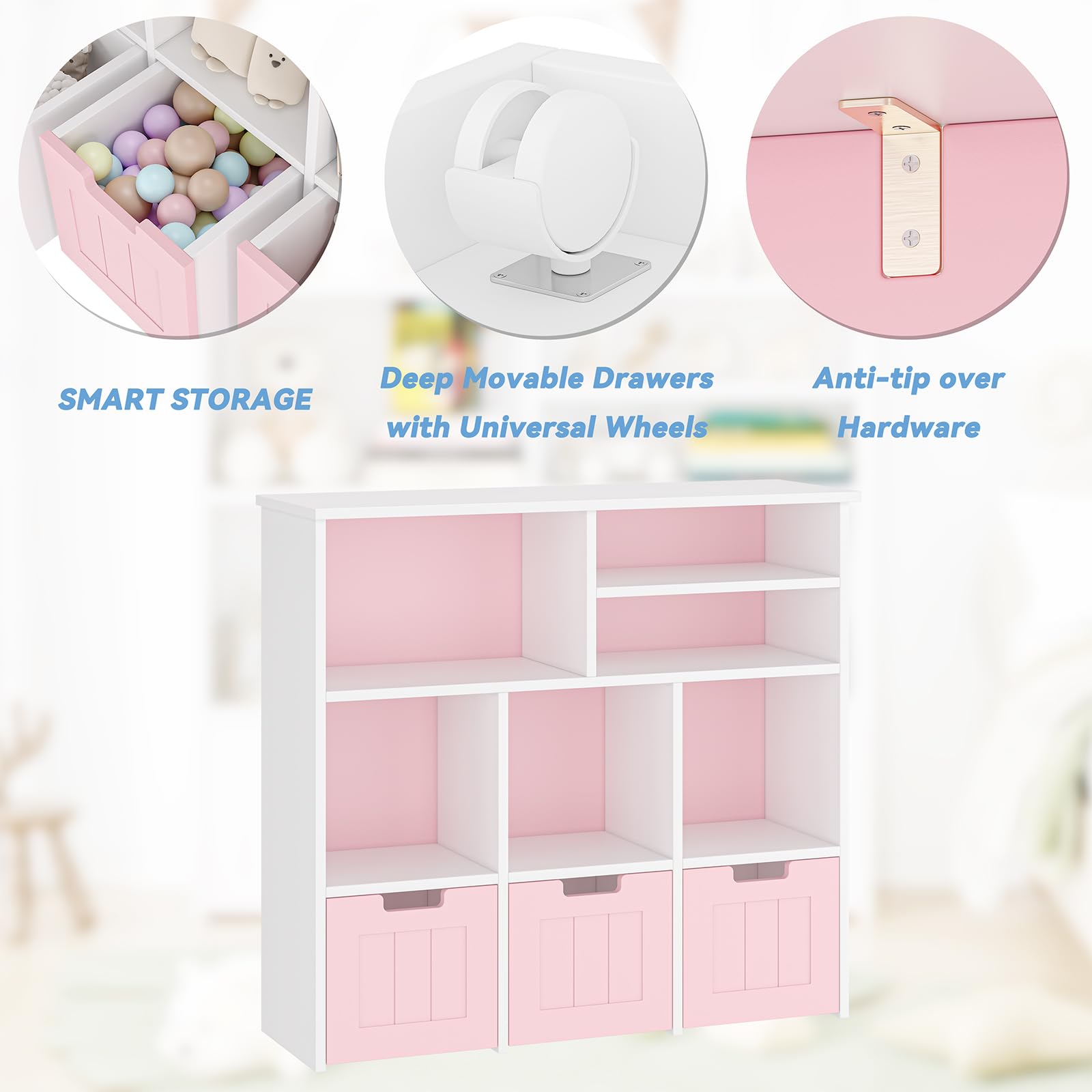 GarveeHome Toy Storage Organizer Kids Bookcase with 3 Movable Drawers Toy Storage Cabinet with Hidden Wheels Multifunctional Storage Chest for Playroom,Nursery and Bedroom, Pink