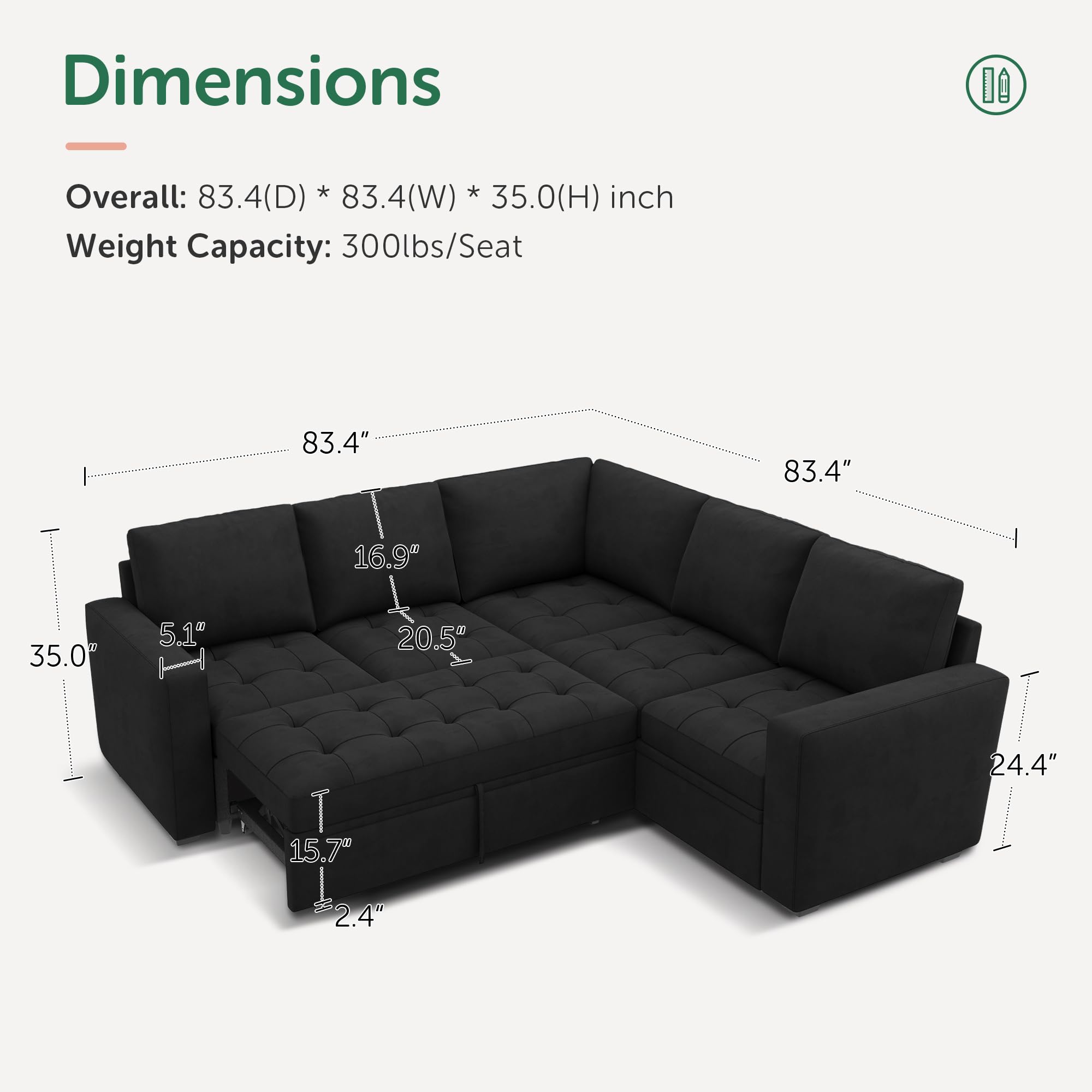 HONBAY Modular Sectional Sleeper Sofa with Pull Out Bed, Velvet Convertible L Shaped Sectional Couch with Storage Seat, Sectional Couches for Living Room, Balck