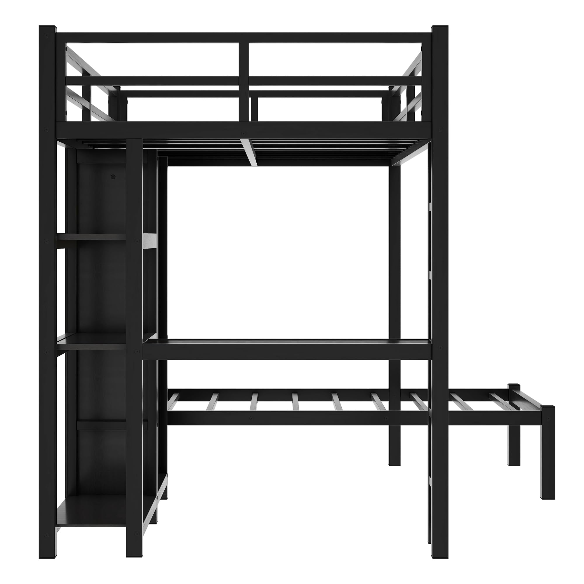 Full XL Over Twin Bunk Bed with Desk and Storage Shelf, Heavy Duty Bunk Bed with Wardrobe and Guardrail, Full XL Over Twin Bunk Bed for Teens, Kids, L-Shaped Bunk Bed Balck