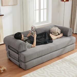 Lin-Utrend 78.5" Loveseat Sofa Fold-Out Sofa Bed,Modern Modular Futon Floor Couch&King Size Bed Mattress with 2 Pillow,DIY Combination Convertible Sleeper Sofa Bed for Living Room Apartment (Gray)