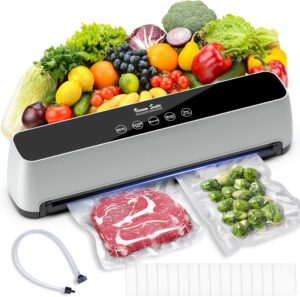 vacuum sealer, 80 kpa one-touch full automatic vacuum sealer with led touch screen indicator lights, 15 seal bags & 1 air suction hose, air sealing system for food storage dry/moist modes