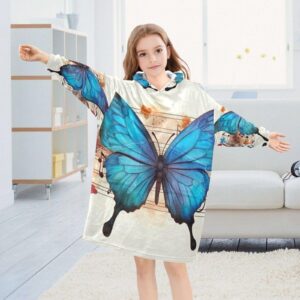 Jihqo Blue Butterfly Wings Wearable Blankets for Kids Sherpa Hoodie Blanket for Boys Girls Oversized Hooded Sweatshirt, M