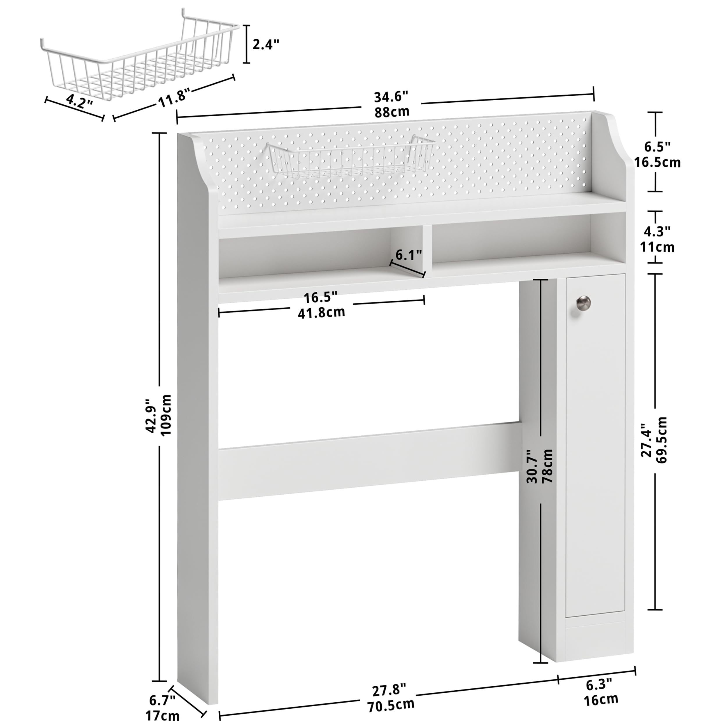 IRONCK Over The Toilet Storage Cabinet, Freestanding Bathroom Organizer with Door Cabinet & Open Shelves, Space-Saving Toilet Rack with Metal Pegboard and Wire Basket for Bathroom, Laundry Room, White