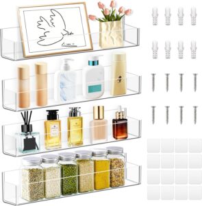 gtj acrylic shelves, 4-pack spice rack wall mount, clear book shelves for wall, spice organization, vinyl wall mount, cabinet, pantry door, kitchen, bedroom, self-adhesive and drilling