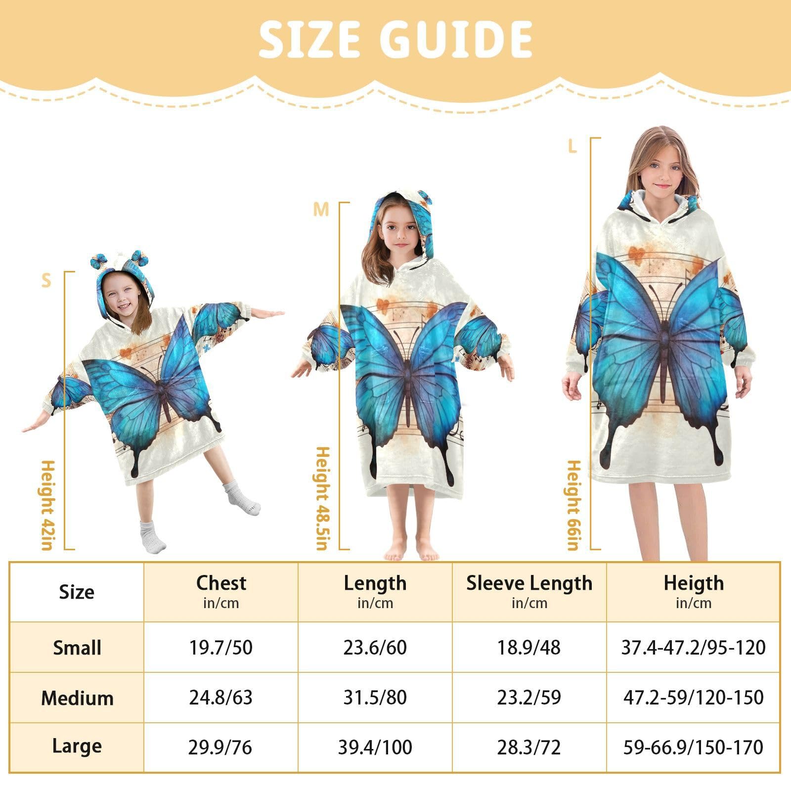 Jihqo Blue Butterfly Wings Wearable Blankets for Kids Sherpa Hoodie Blanket for Boys Girls Oversized Hooded Sweatshirt, M