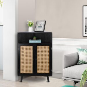 ZYBT Rattan Corner Storage Cabinet, 4-Tier Cabinet with 2 Rattan Doors, Small Wood Corner Table Bar Cabinet, Small Space Freestanding Corner Shelf Stand for Living Room, Bedroom, Kitchen (Black)