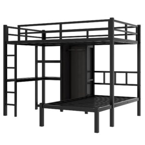 Full XL Over Twin Bunk Bed with Desk and Storage Shelf, Heavy Duty Bunk Bed with Wardrobe and Guardrail, Full XL Over Twin Bunk Bed for Teens, Kids, L-Shaped Bunk Bed Balck