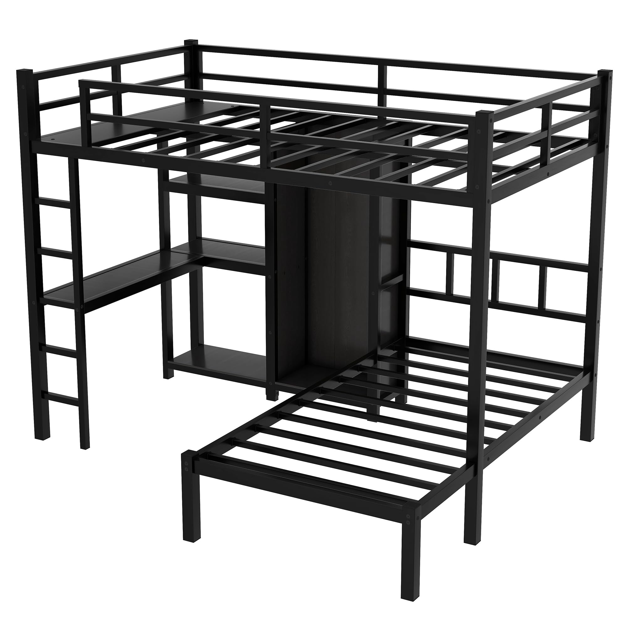 Full XL Over Twin Bunk Bed with Desk and Storage Shelf, Heavy Duty Bunk Bed with Wardrobe and Guardrail, Full XL Over Twin Bunk Bed for Teens, Kids, L-Shaped Bunk Bed Balck