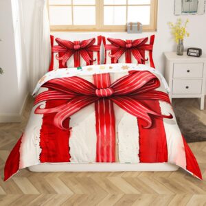 jejeloiu Girls Bowknot Bedding Set Dreamy Princess Style Duvet Cover King Size for Kids Teens Stripes Geometric Comforter Cover Set Christmas Xmas Theme Bedspread Cover with 2 Pillow Case