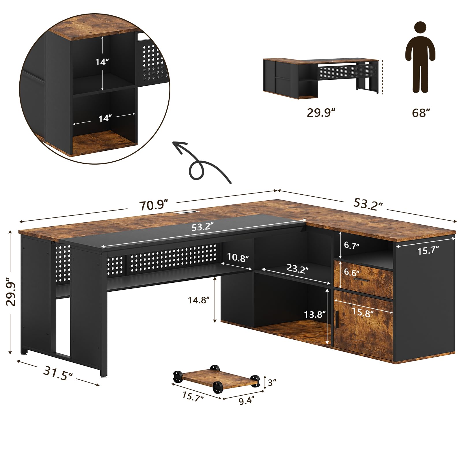 YOMILUVE 71 Inch Executive Desk with Storage Shelves, Industrial L-Shaped Desk with Cabinet Storage & Drawer, Home Office Desk Business Furniture, Rustic Brown & Black