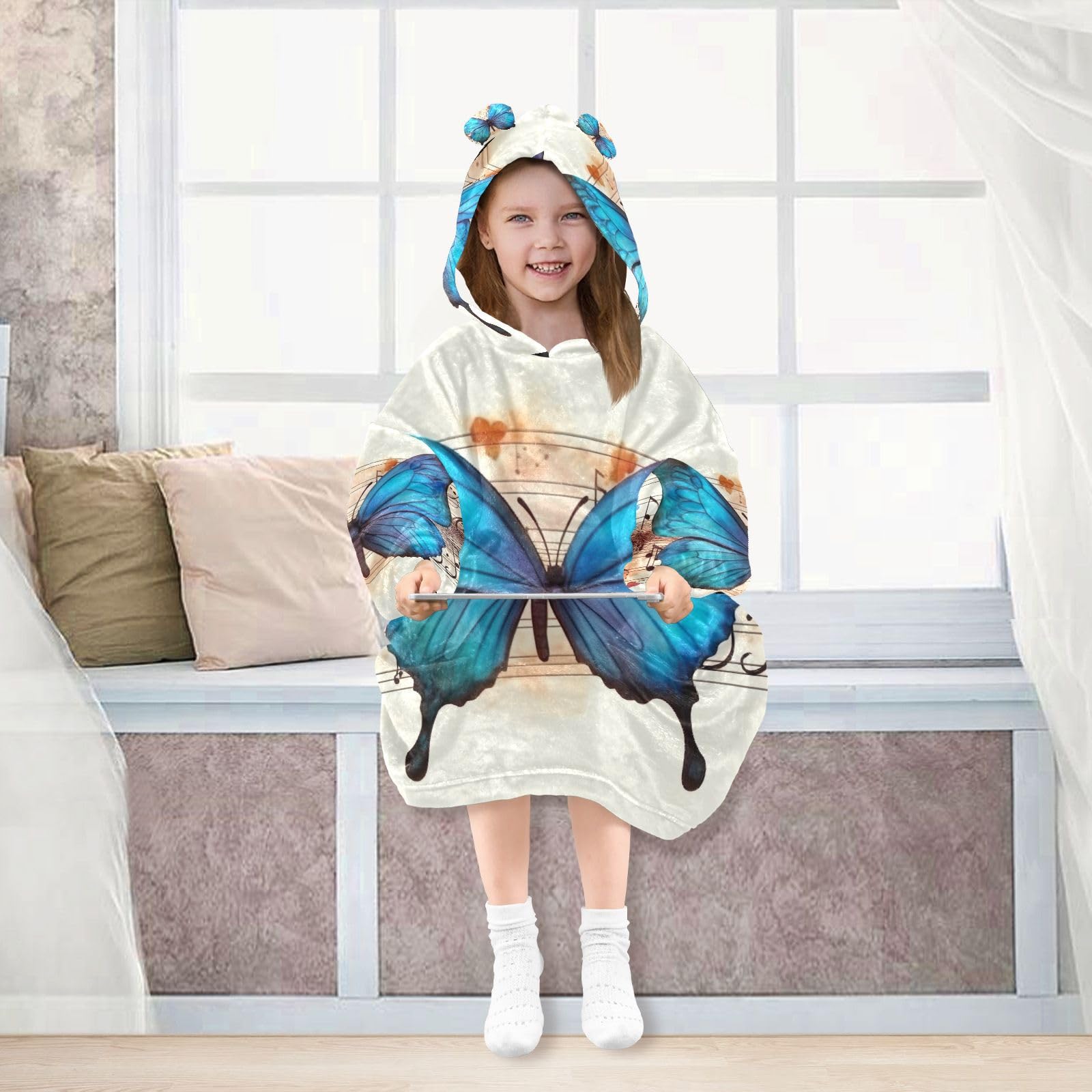 Jihqo Blue Butterfly Wings Wearable Blankets for Kids Sherpa Hoodie Blanket for Boys Girls Oversized Hooded Sweatshirt, M