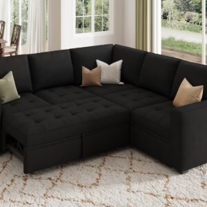 HONBAY Modular Sectional Sleeper Sofa with Pull Out Bed, Velvet Convertible L Shaped Sectional Couch with Storage Seat, Sectional Couches for Living Room, Balck