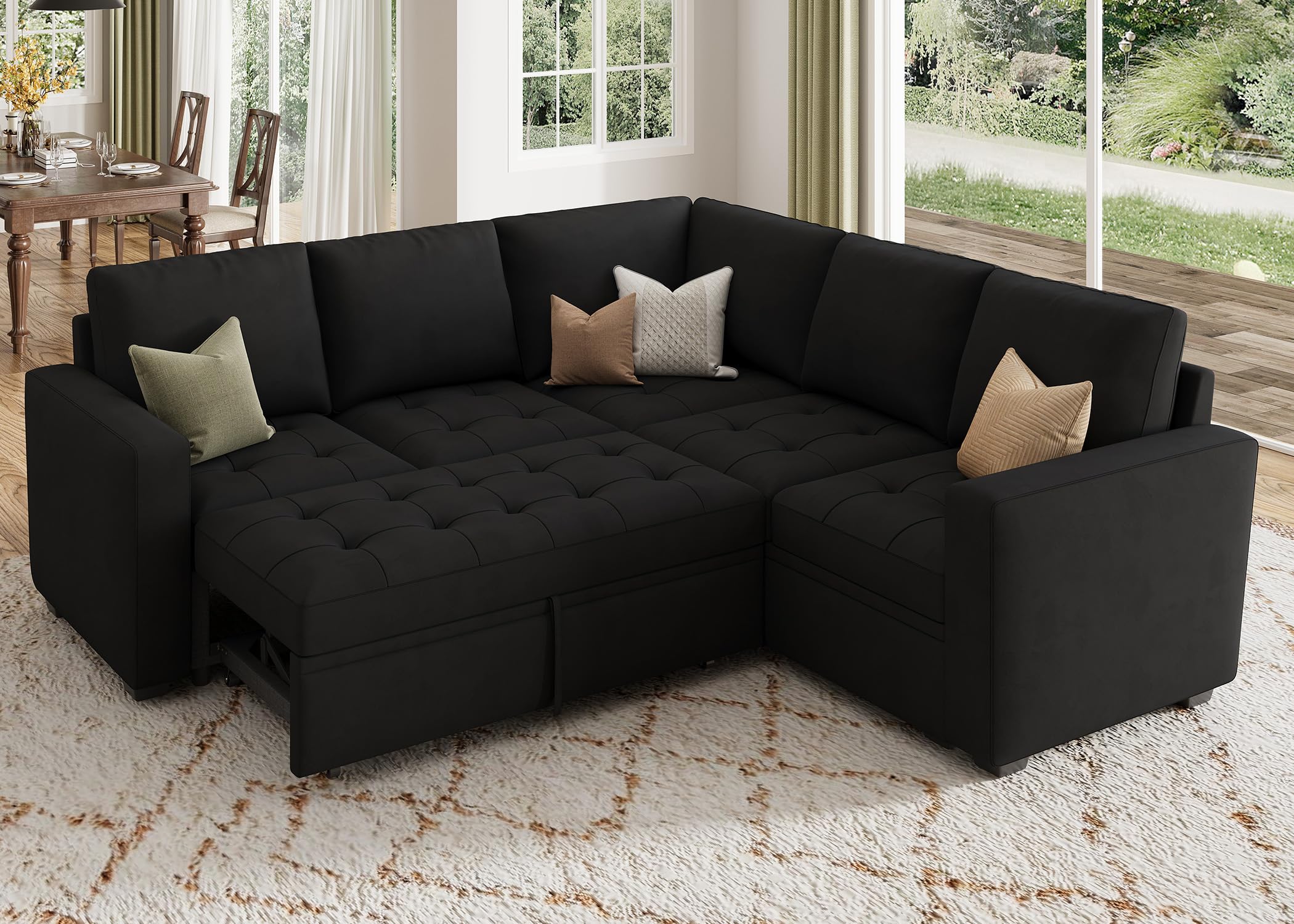 HONBAY Modular Sectional Sleeper Sofa with Pull Out Bed, Velvet Convertible L Shaped Sectional Couch with Storage Seat, Sectional Couches for Living Room, Balck