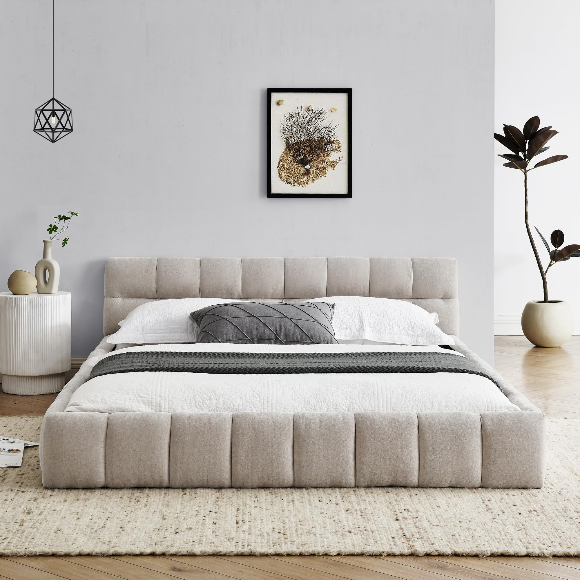 DEINPPA Queen Modern Bed, Chenille Upholstered Platform Bed with Cloud Soft Headboard, Grounded Upholstered Wood Base Platform Bed, Italian Style Modern Beds-Beige