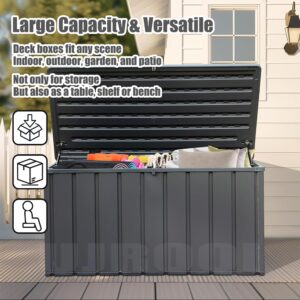 UJROQI 100 Gallon Deck Box Outside Storage Box, Lockable Storage Deck Boxes Waterproof Large Metal&Resin Deck Box with Rollers for Garden Tools Patio Cushions and Pool Supplies, Dark Grey