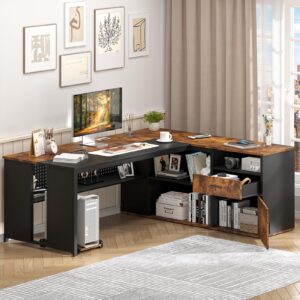 YOMILUVE 71 Inch Executive Desk with Storage Shelves, Industrial L-Shaped Desk with Cabinet Storage & Drawer, Home Office Desk Business Furniture, Rustic Brown & Black