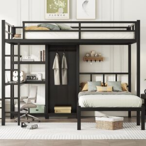 full xl over twin bunk bed with desk and storage shelf, heavy duty bunk bed with wardrobe and guardrail, full xl over twin bunk bed for teens, kids, l-shaped bunk bed balck