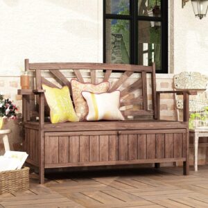 timechee outdoor storage bench large deck box, 47.2" patio wooden loveseat benches, garden seating furniture with cup holder & storage space for tools for deck, porch & balcony, brown