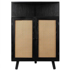 zybt rattan corner storage cabinet, 4-tier cabinet with 2 rattan doors, small wood corner table bar cabinet, small space freestanding corner shelf stand for living room, bedroom, kitchen (black)