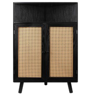 ZYBT Rattan Corner Storage Cabinet, 4-Tier Cabinet with 2 Rattan Doors, Small Wood Corner Table Bar Cabinet, Small Space Freestanding Corner Shelf Stand for Living Room, Bedroom, Kitchen (Black)