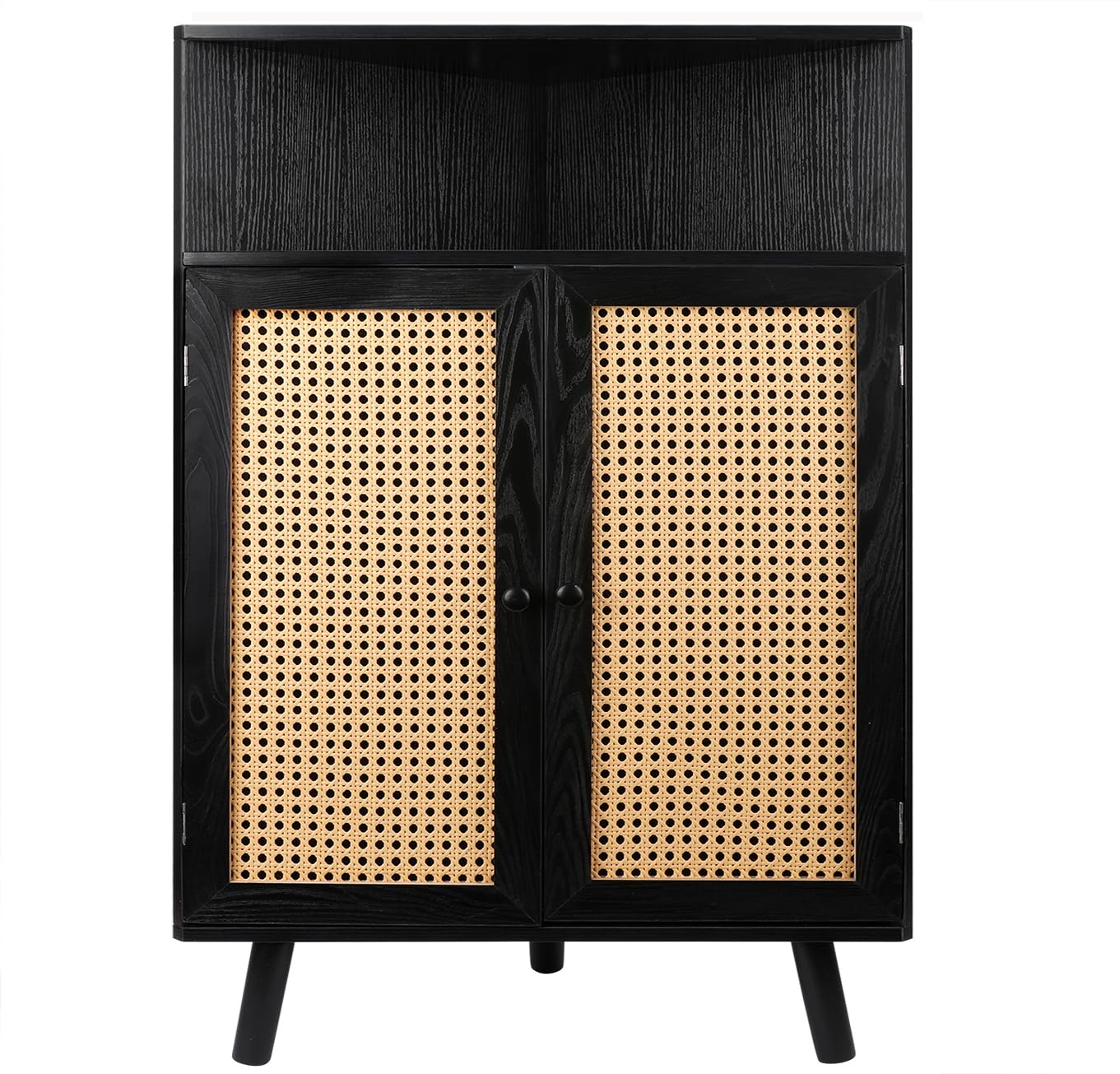 ZYBT Rattan Corner Storage Cabinet, 4-Tier Cabinet with 2 Rattan Doors, Small Wood Corner Table Bar Cabinet, Small Space Freestanding Corner Shelf Stand for Living Room, Bedroom, Kitchen (Black)