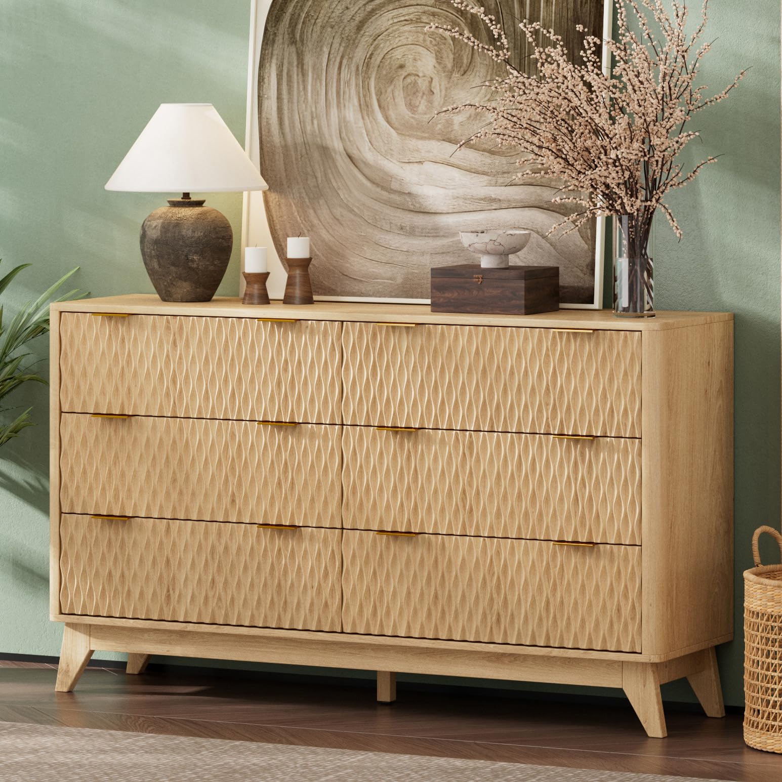 Cooday Diamond-Fluted 6 Drawers Dresser, Modern Dressers & Chests of Drawers, 54" Wide Light Wood Dresser for Bedroom, Storage Cabinet Organizer for Hallway(Natural)