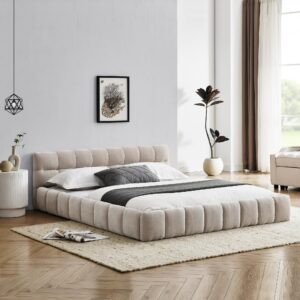 DEINPPA Queen Modern Bed, Chenille Upholstered Platform Bed with Cloud Soft Headboard, Grounded Upholstered Wood Base Platform Bed, Italian Style Modern Beds-Beige