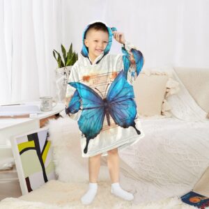 Jihqo Blue Butterfly Wings Wearable Blankets for Kids Sherpa Hoodie Blanket for Boys Girls Oversized Hooded Sweatshirt, M