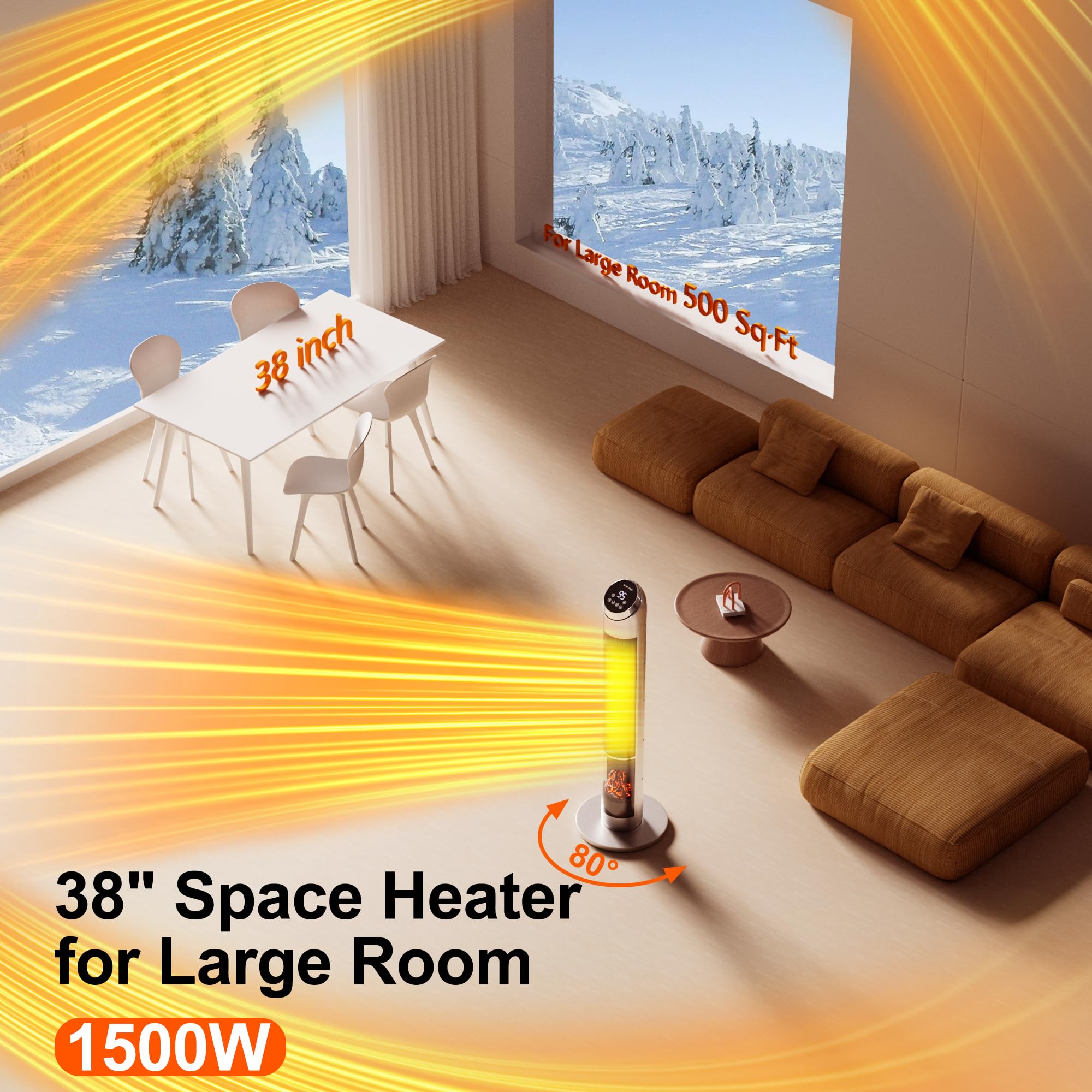 38" Space Heater for Large Room, 1500W Electric Fireplace Heaters Indoor Use with Thermostat, 500 sq ft Ceramic Heater for Bedroom, 80° Oscillating Tower Heater Fan with Remote & 24H Timer Silver