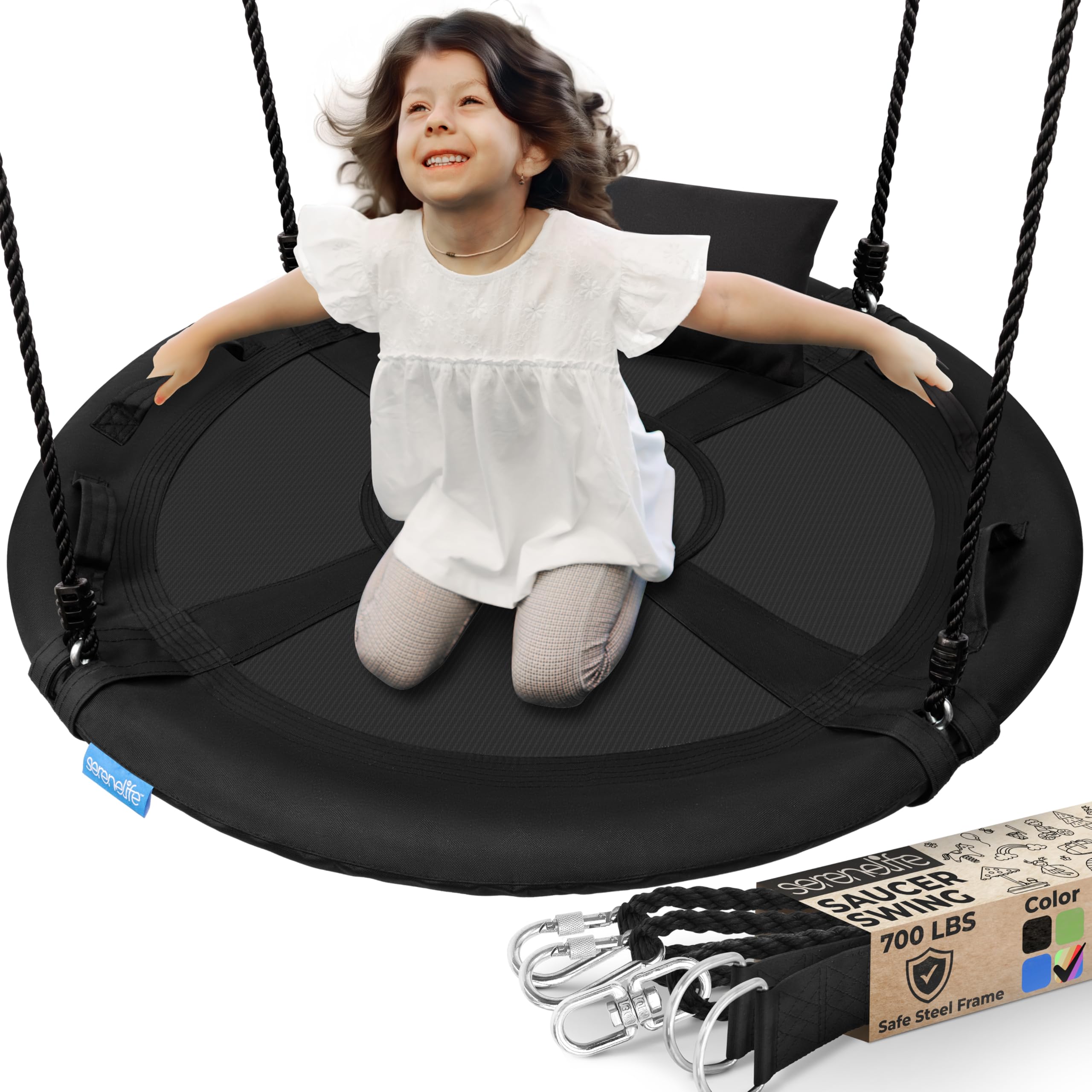 SereneLife 40" Saucer Swing - Outdoor Swing Set with Universal Hanging Kit, Swinging Seat Spinner with Pillow & Carry Bag, Weatherproof, Water-Resistant, Supports Up to 700 lbs, Black