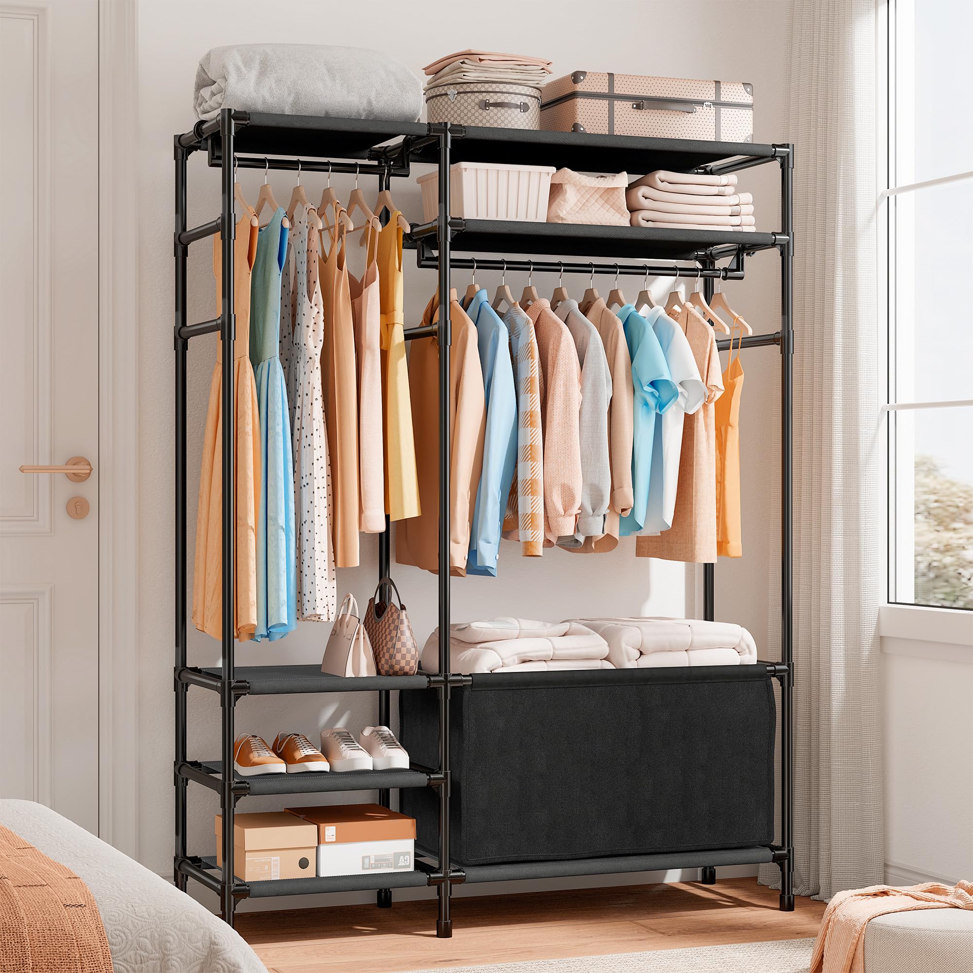 Raybee Clothes Rack, Clothing Racks for Hanging Clothes with Large Storage Bag, Garment Rack for Bedroom, Entryway and Walk-in closet, 16.2" D x 42" W x 67.5" H, Black