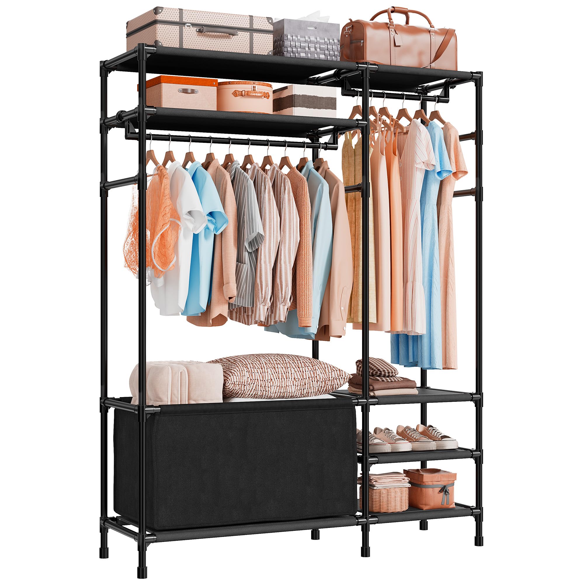 Raybee Clothes Rack, Clothing Racks for Hanging Clothes with Large Storage Bag, Garment Rack for Bedroom, Entryway and Walk-in closet, 16.2" D x 42" W x 67.5" H, Black