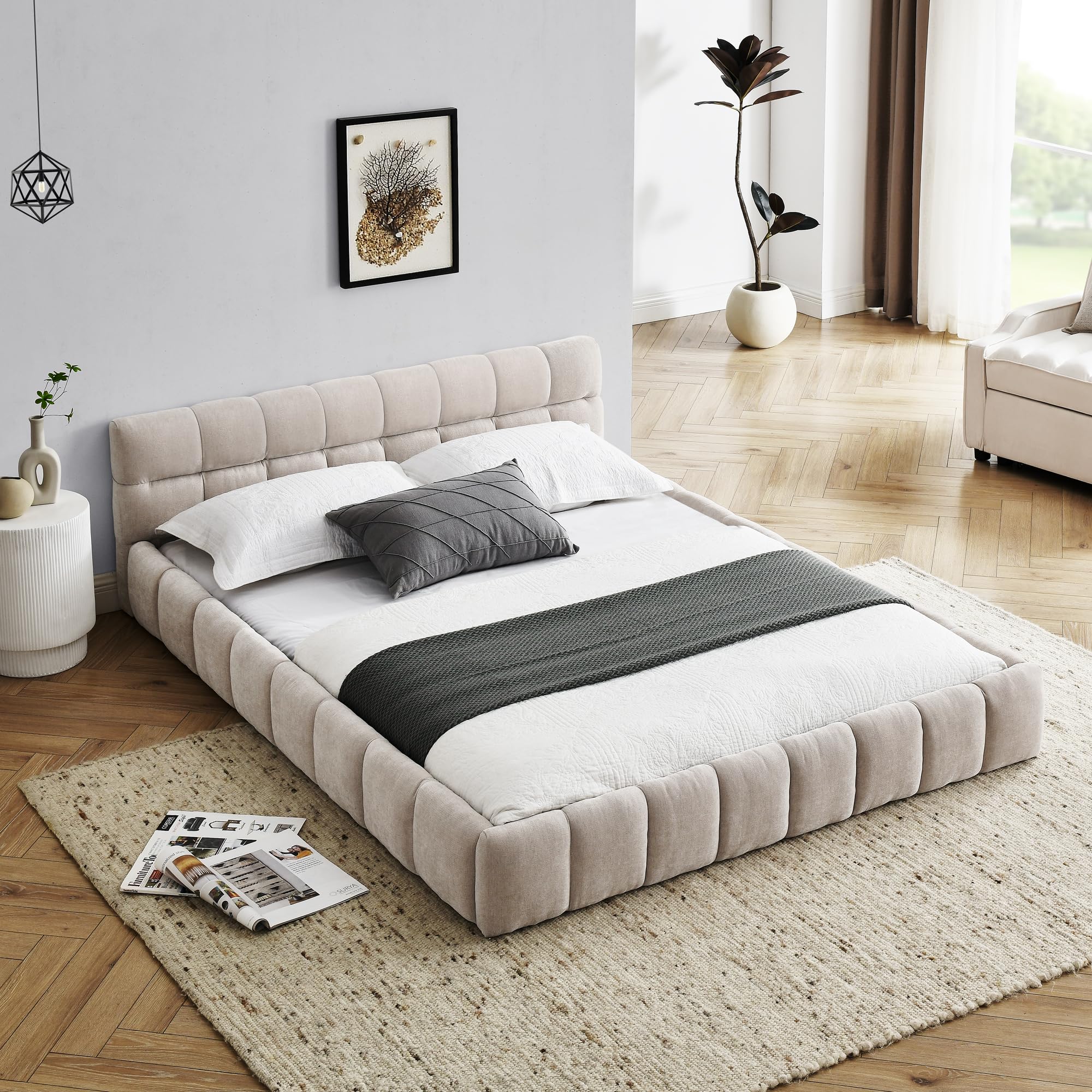 DEINPPA Queen Modern Bed, Chenille Upholstered Platform Bed with Cloud Soft Headboard, Grounded Upholstered Wood Base Platform Bed, Italian Style Modern Beds-Beige