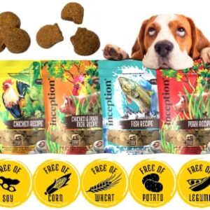 Felicia's Fabulous Finds Inception Soft & Chewy Dog Treats in 4 Flavor Bundle: 1 Chicken, 1 Fish, 1 Pork and 1 Chicken & Pork (4 Bags Total, 4 Ounces Each) Plus Shaynanigans Silicone Lid