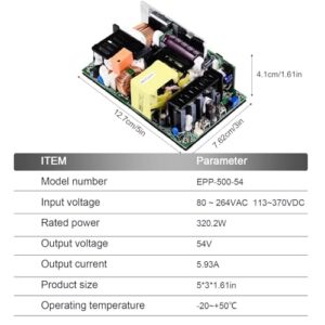 TorqCali EPP-500-54 500W 54V Open Frame Power Supply, Constant Voltage, 5"x3", Green, Industrial Grade, for Industrial Machinery, Battery Charging, Telecom Systems